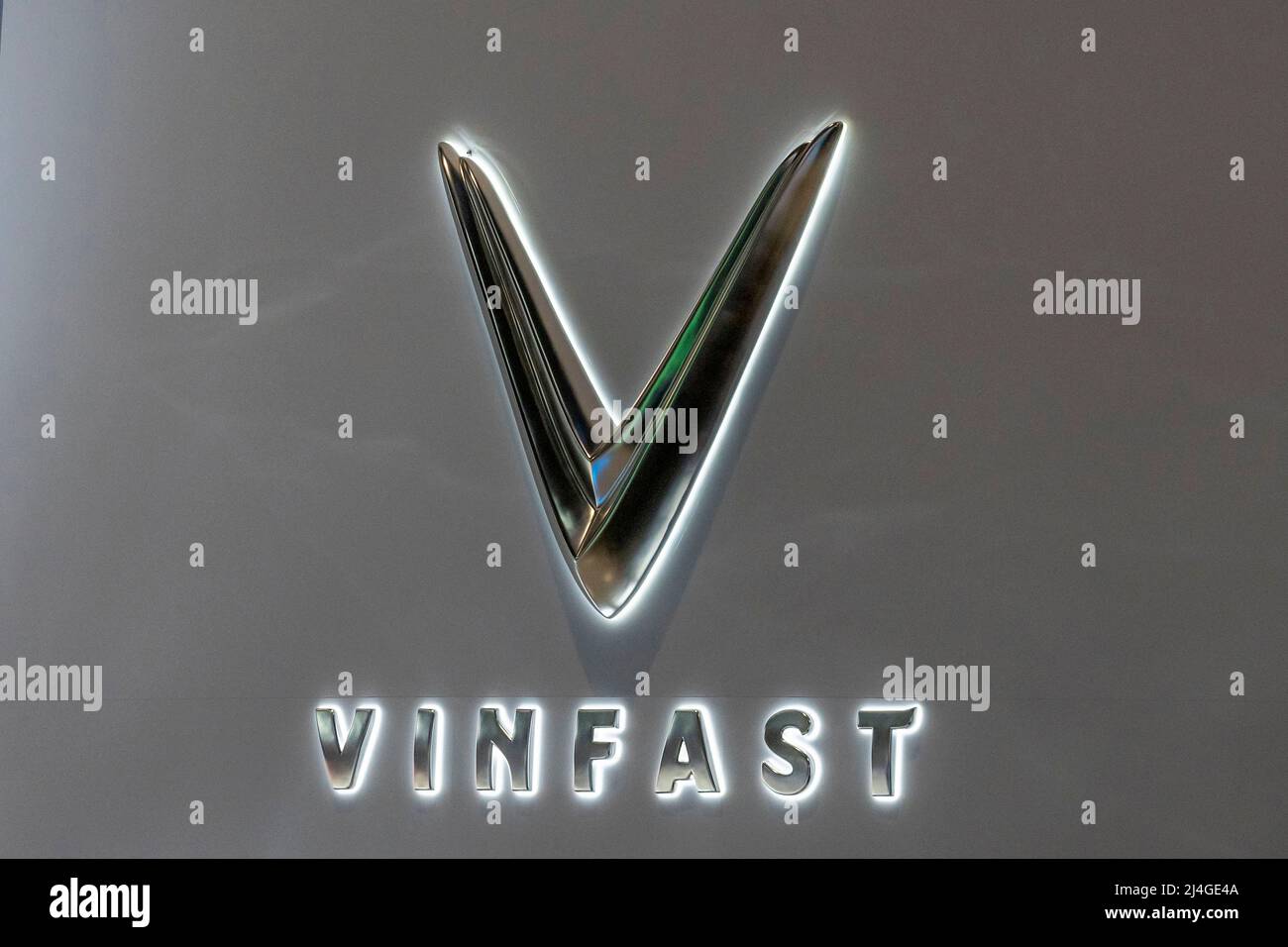 New York, United States. 13th Apr, 2022. The Vinfast logo seen over ...