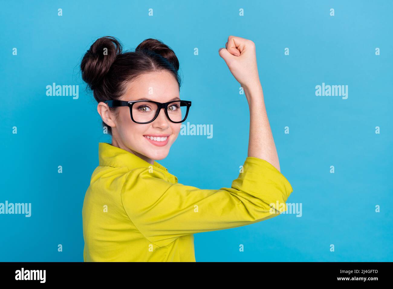 Photo of successful chief manager girl career development raise biceps ...