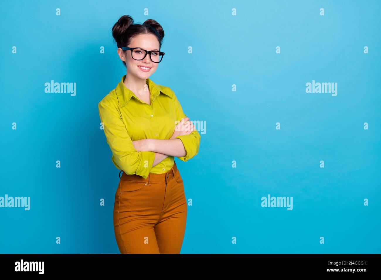 Photo of optimistic lady marketer banker cross arms ready for start up ...