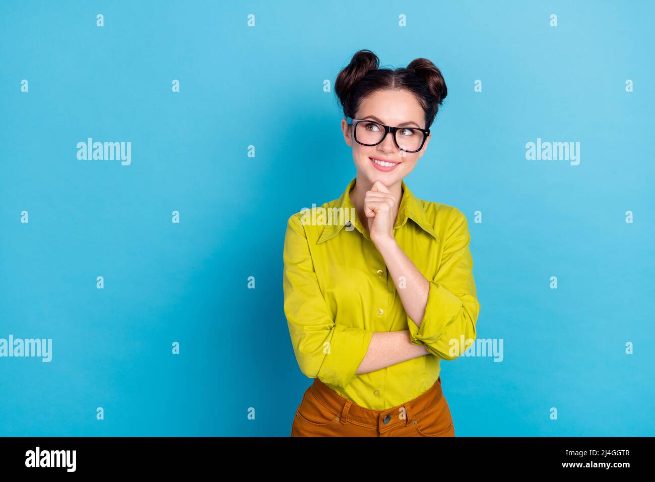 Photo of minded lady marketer ceo touch chin look empty space decide ... Photo of minded lady marketer ceo touch chin look empty space decide ...