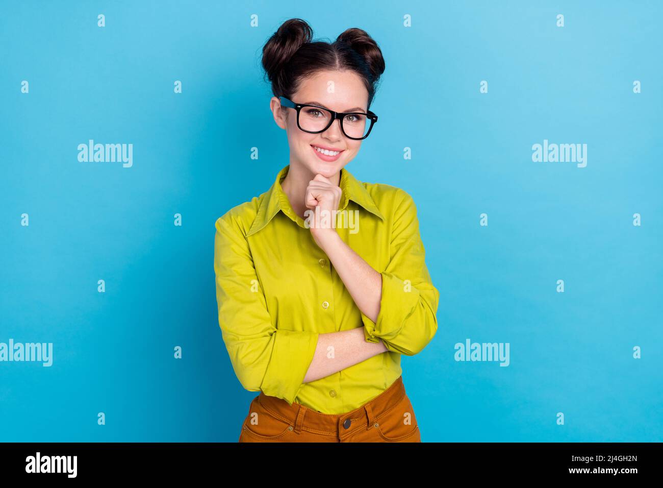 Photo of positive optimistic lady touching chin think mind partners ...