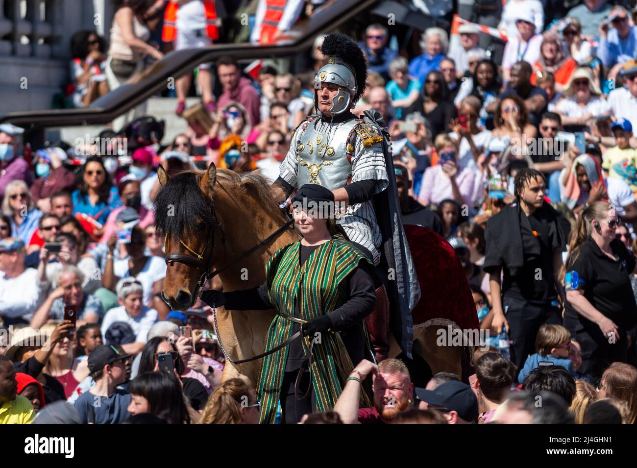 London, UK. 15 April 2022. Pontius Pilate arrives on horseback. The ...