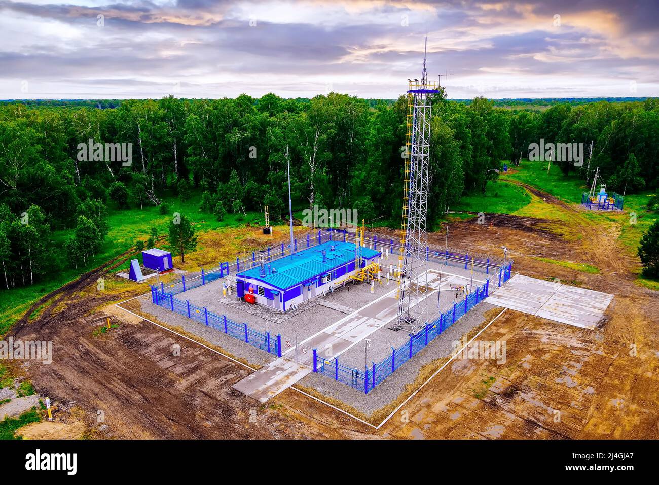 Natural gas distribution station of main gas pipeline. View from above ...