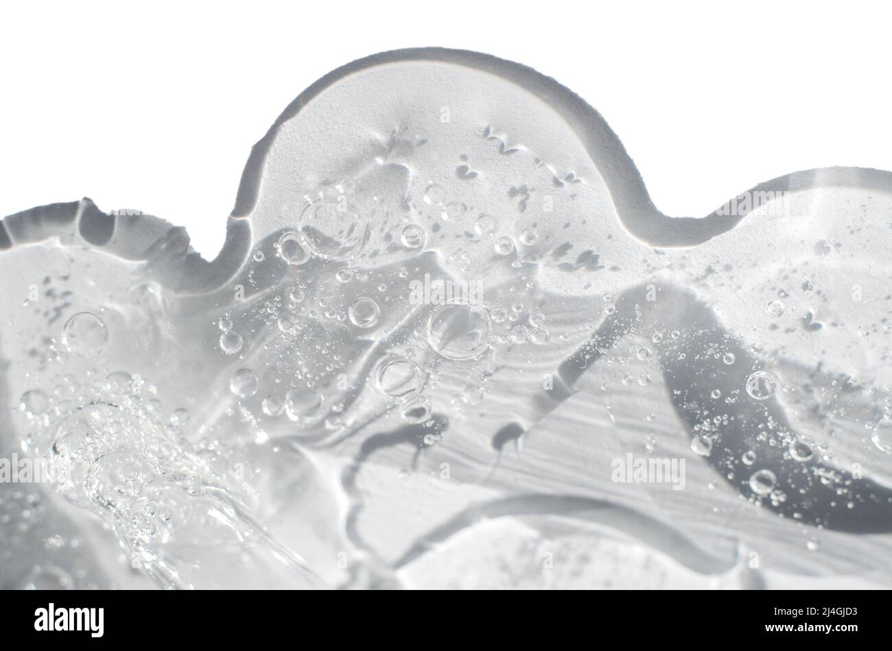 Transparent gel structure with air bubbles, close-up. Gel in a petri ...