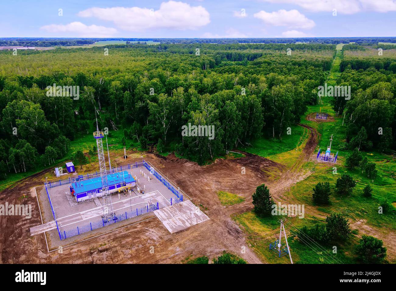 Natural gas distribution station of main gas pipeline. View from above ...