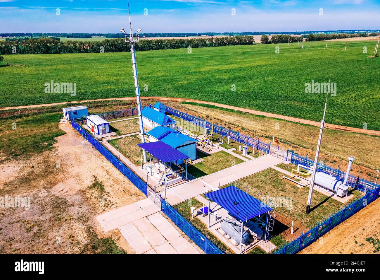 Natural gas distribution station of main gas pipeline. View from above ...