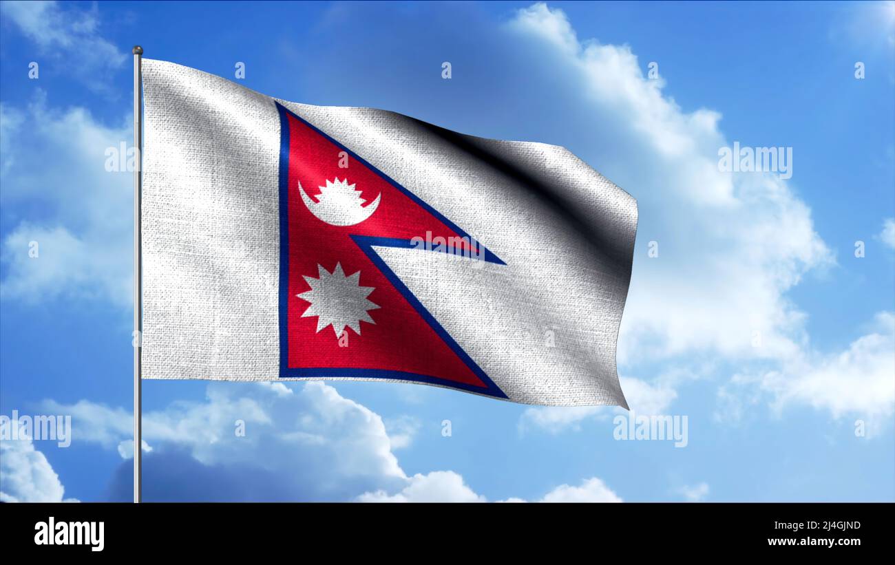 Nepal national flag waving on flagpole on blue sky background, seamless ...