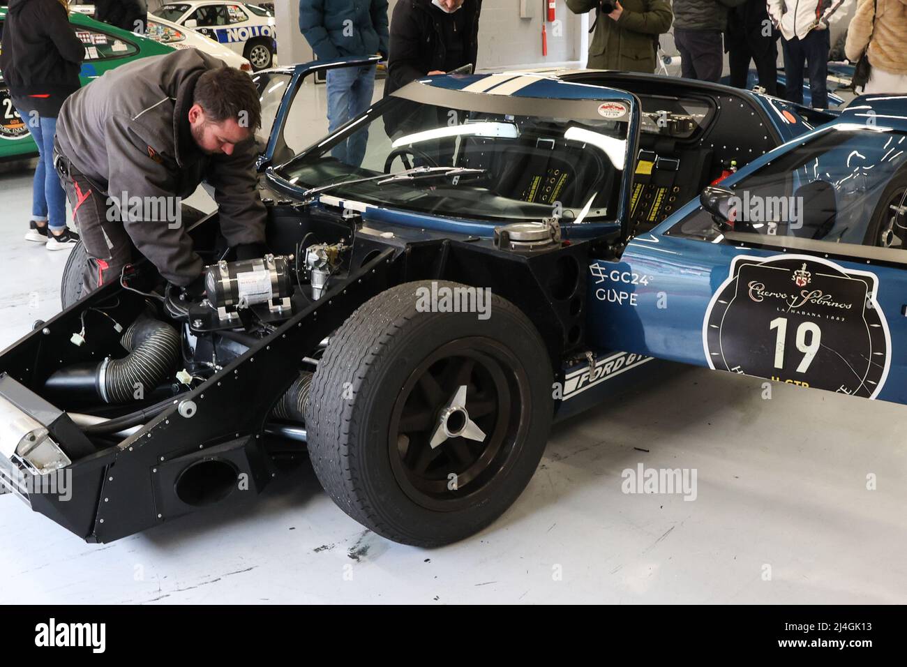 Ford GT40 in pit garage at Espiritu de Montjuic historic race event at ...