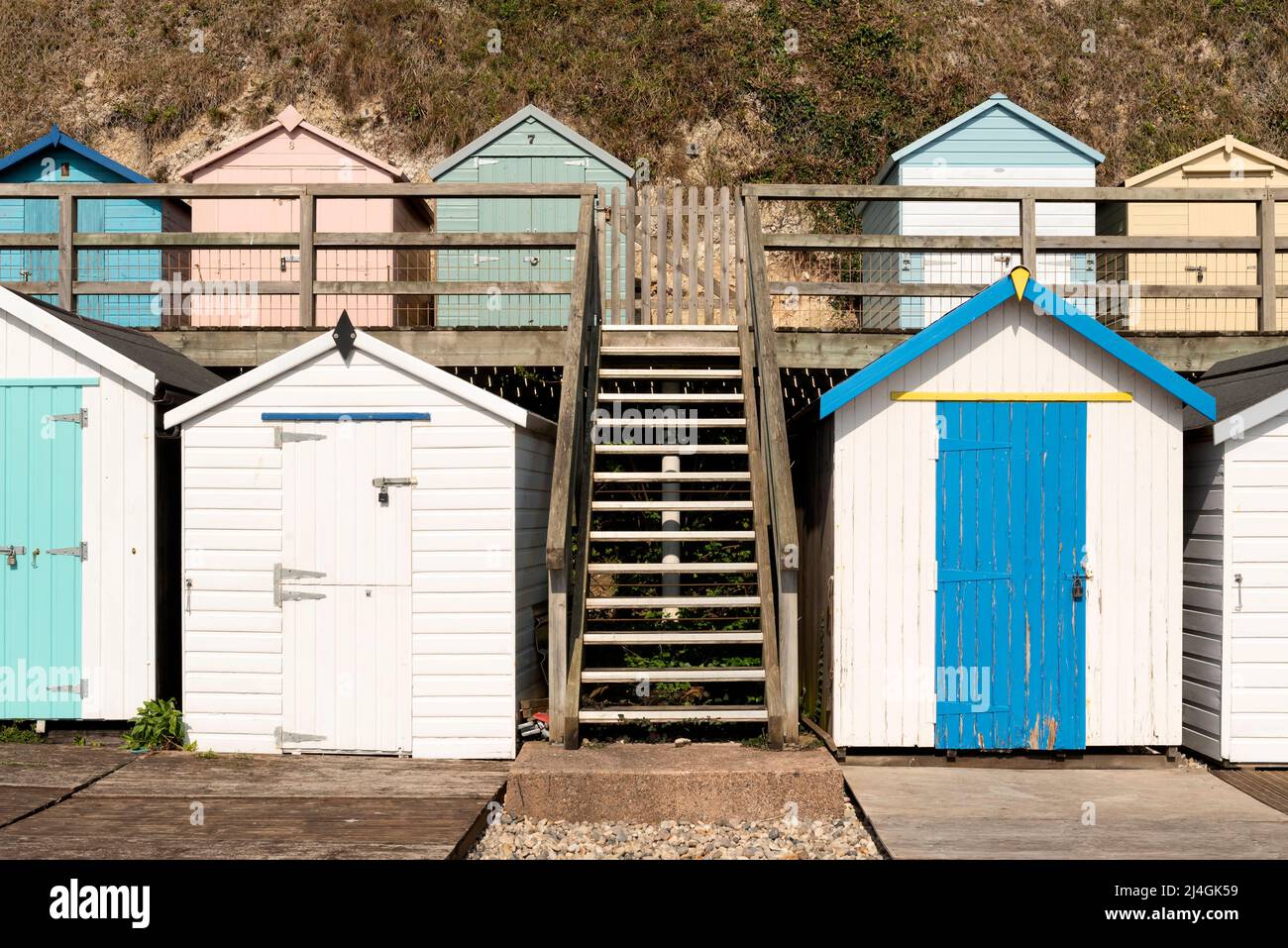 Beach huts on the beach in Beer, Devon Stock Photo - Alamy