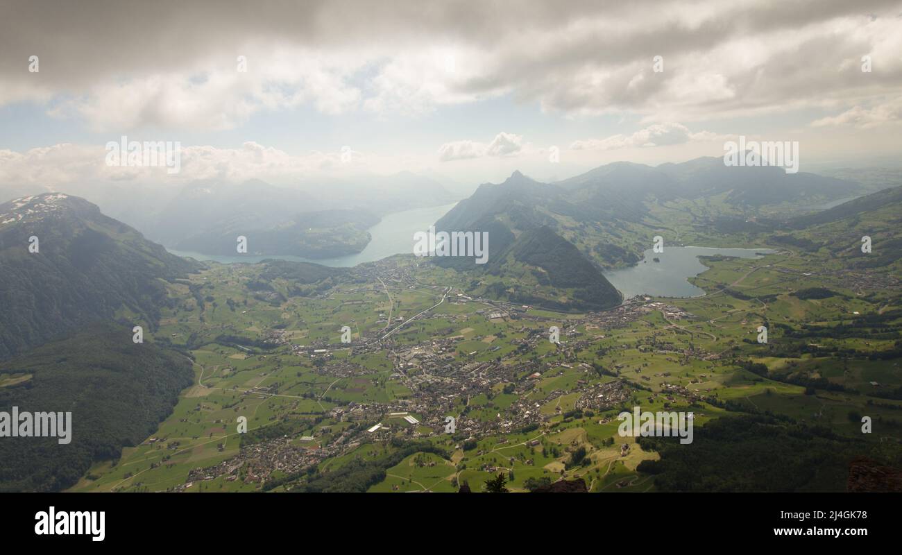 Stunning view over the city of Schwyz and the lake Lucern an the Lake ...