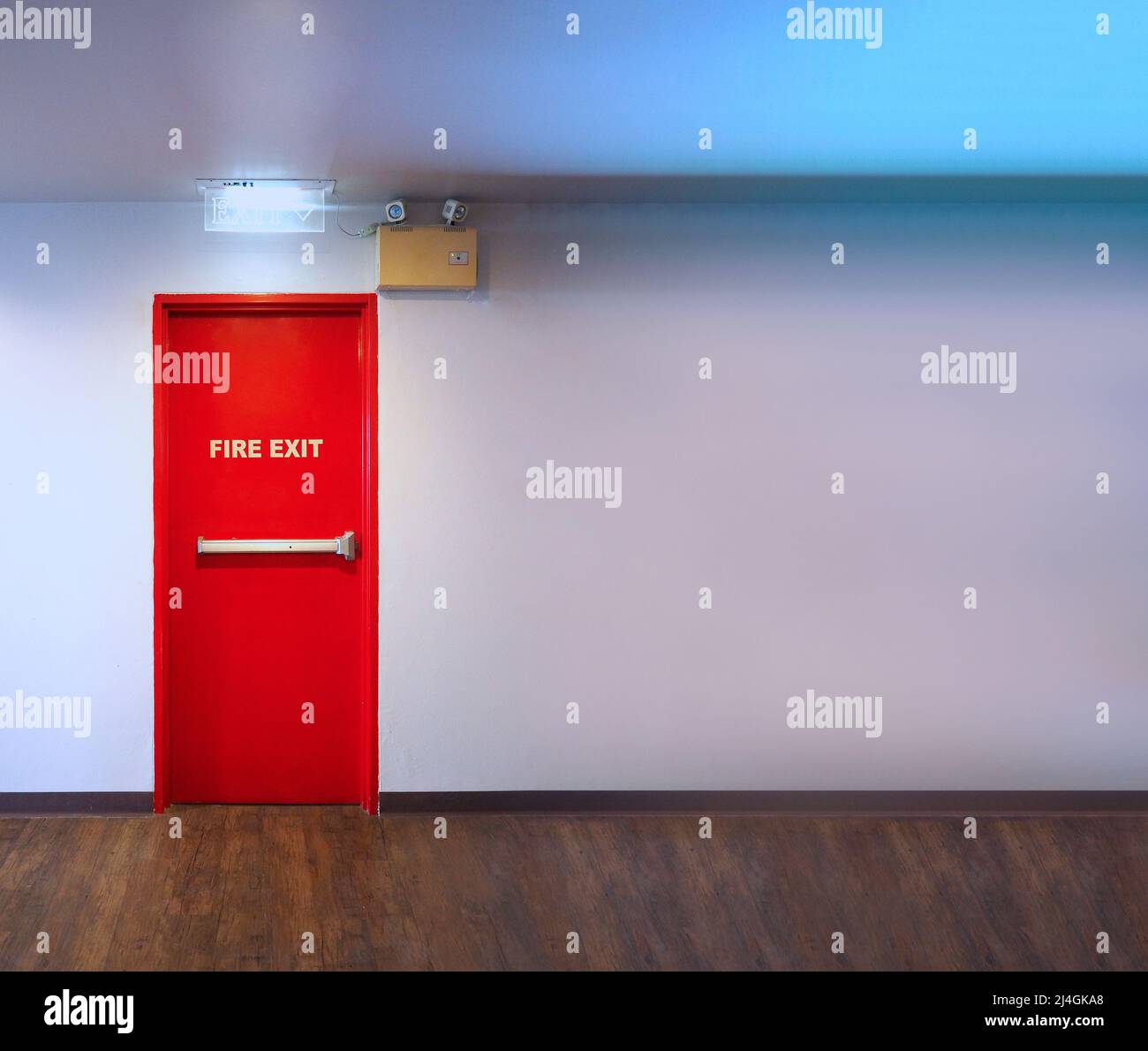 Fire exit door. Fire exit emergency door red color metal material with ...