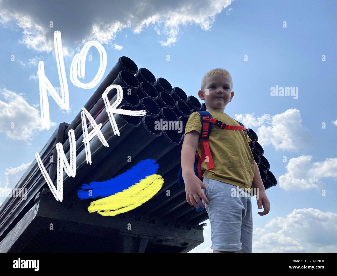 Concept with text child stands in front of a rocket launcher, Ukraine ...
