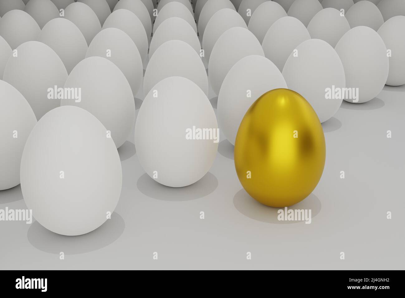 golden egg between white eggs in an array Stock Photo - Alamy