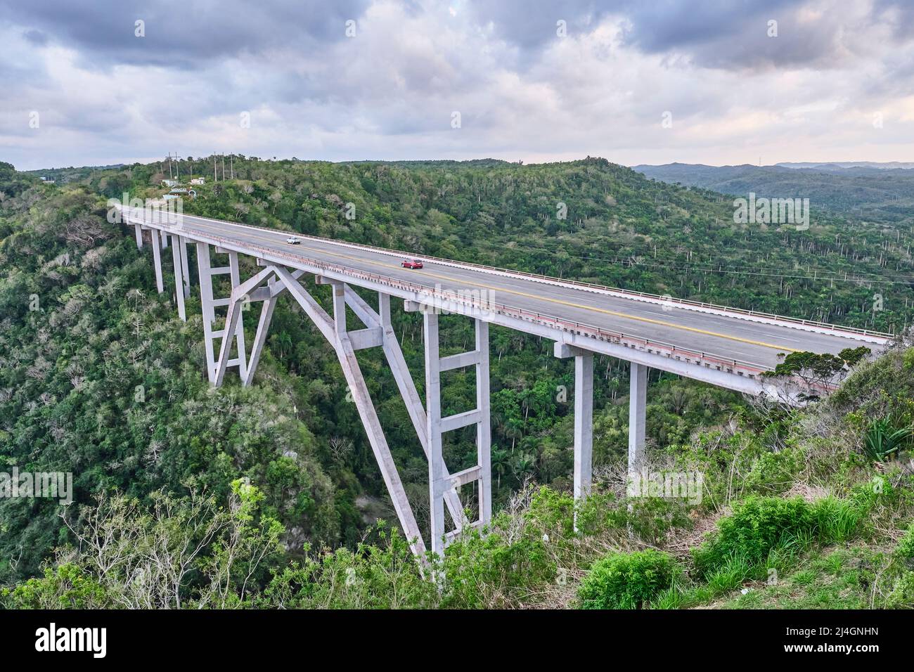 The highest of Cuba Bacunayagua Bridge. Automobile transport moving ...