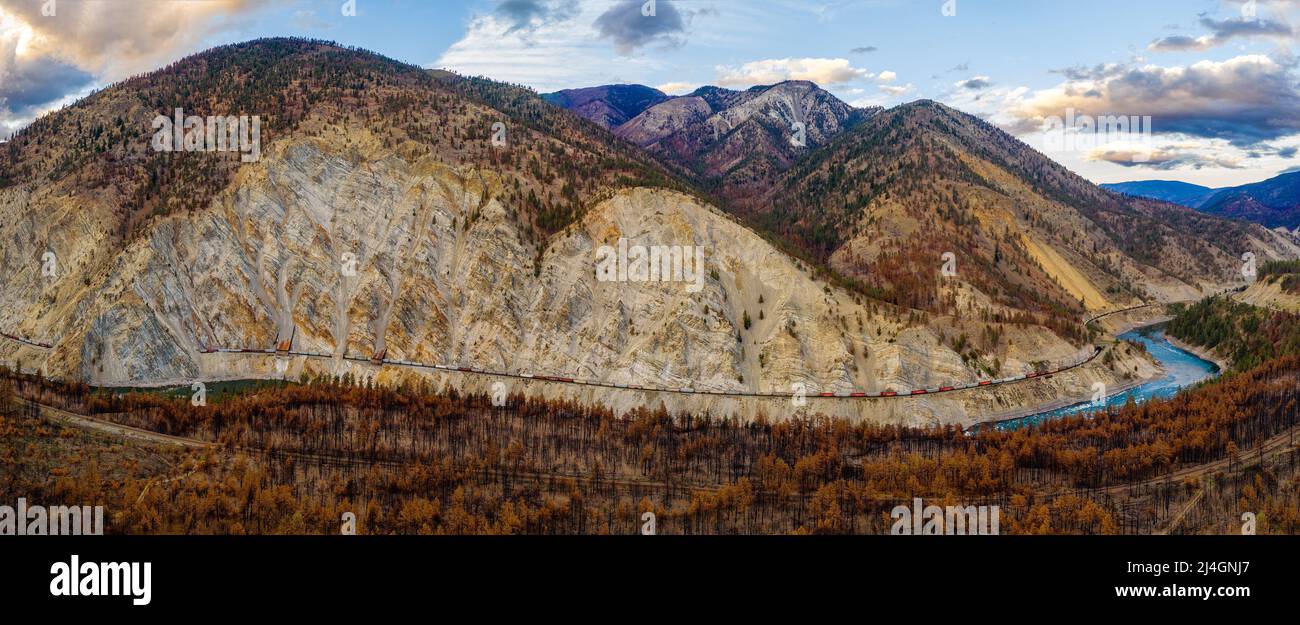 Aerial panoramic view of the Thompson river bending in its bed ...