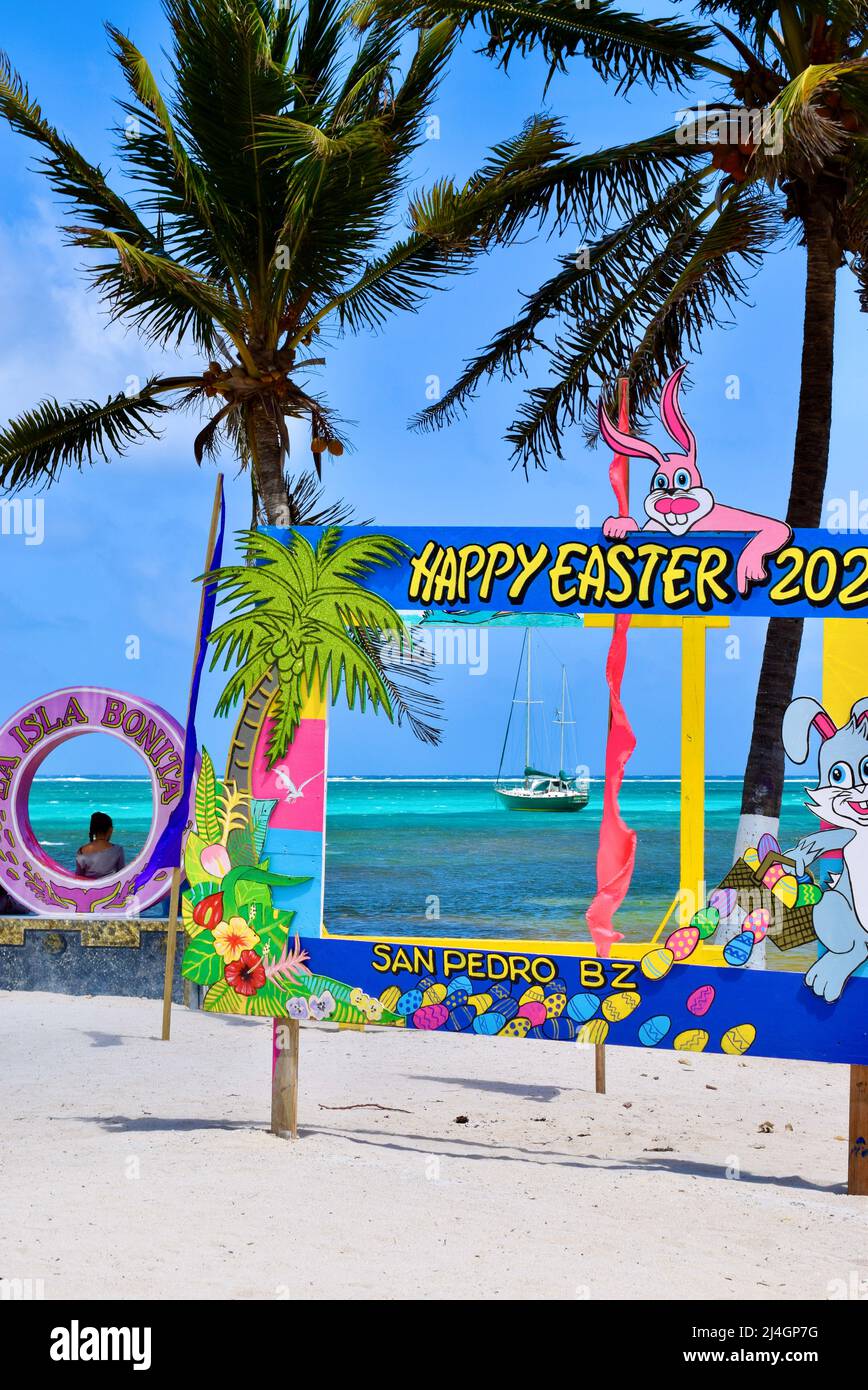 A Happy Easter sign in central park in San Pedro Town, Belize. A ...