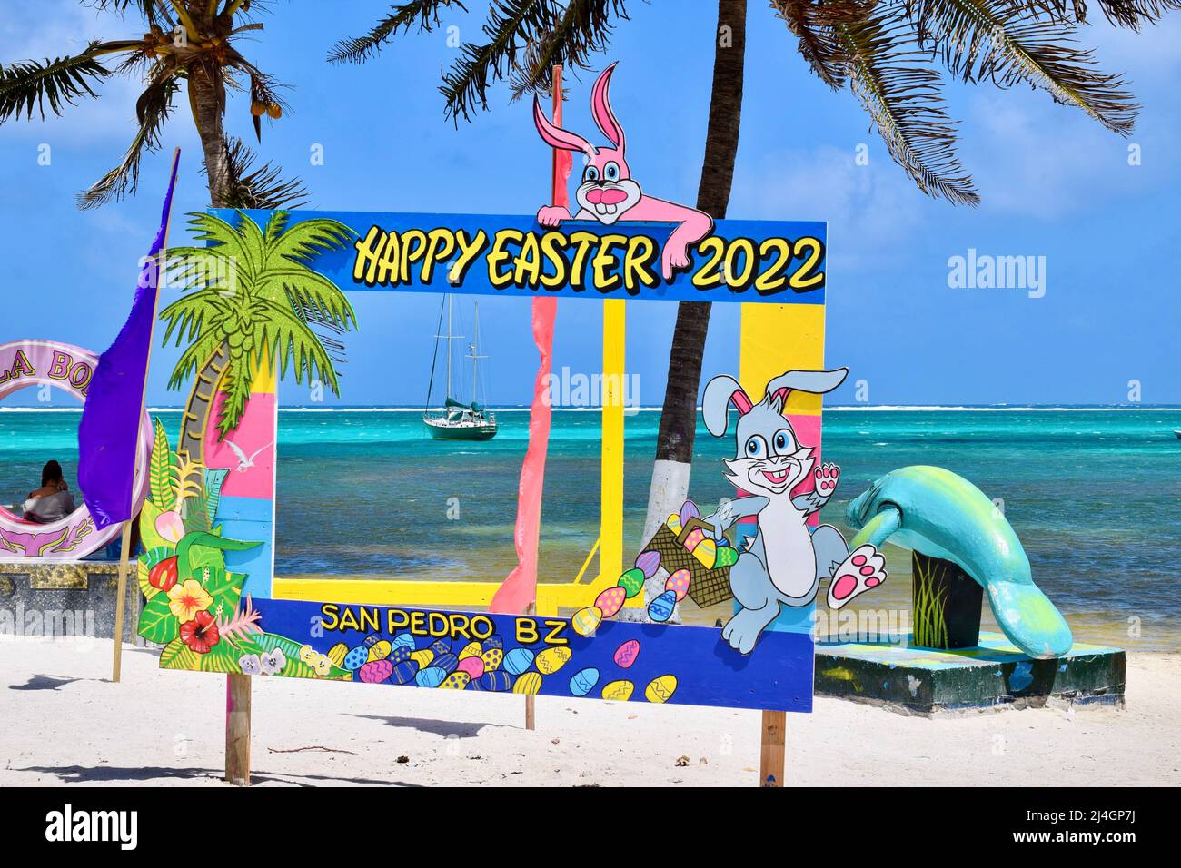 A Happy Easter sign in central park in San Pedro Town, Belize. A ...