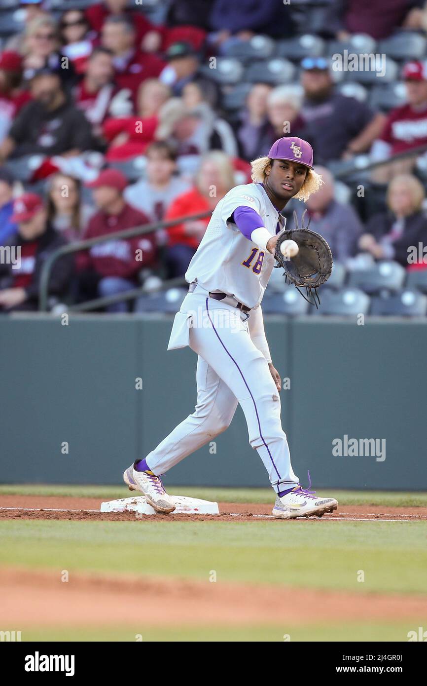 The Bag. 14th Apr, 2022. Tigers first baseman TreÕ Morgan #18 looks a ...