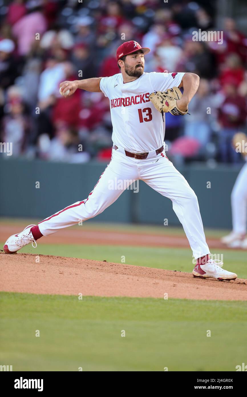 April 14, 2022: Arkansas pitcher Connor Nolan #13 works from the mound ...