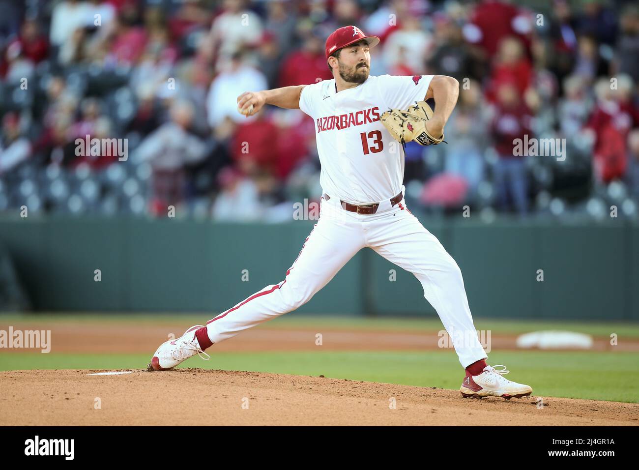 April 14, 2022: Arkansas pitcher Connor Nolan #13 works from the mound ...