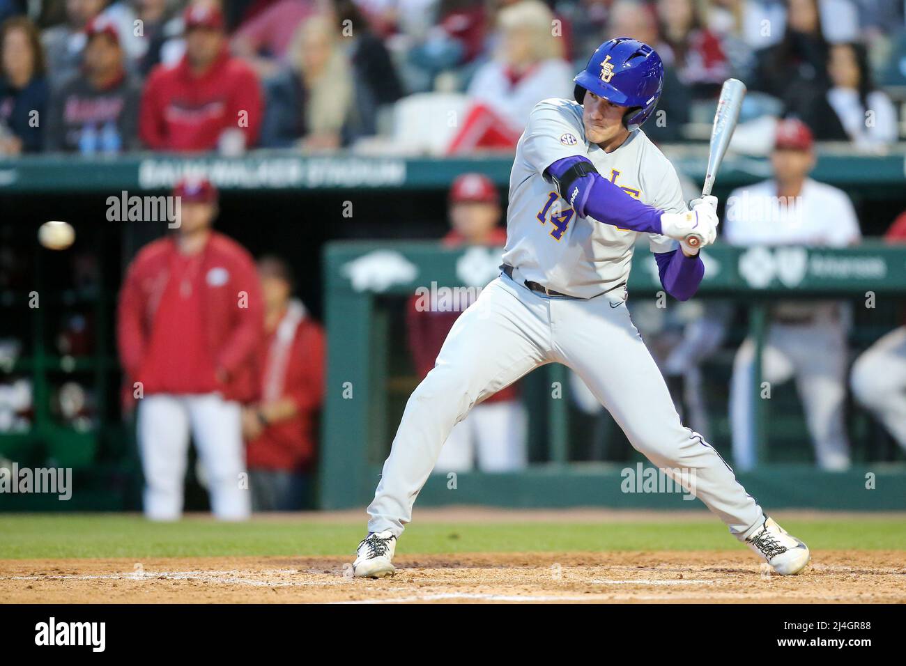 The Plate. 14th Apr, 2022. Jacob Berry #14 of LSU looks to put a ball ...