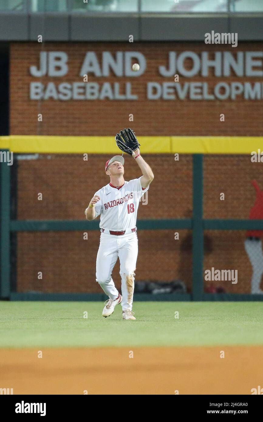 April 14, 2022: Chris Lanzilli #18 Arkansas right fielder settles under ...