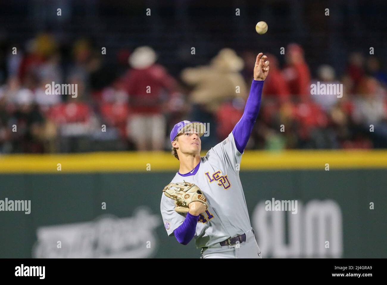 April 14, 2022: LSU left fielder Josh Stevenson #41 makes a throw back ...