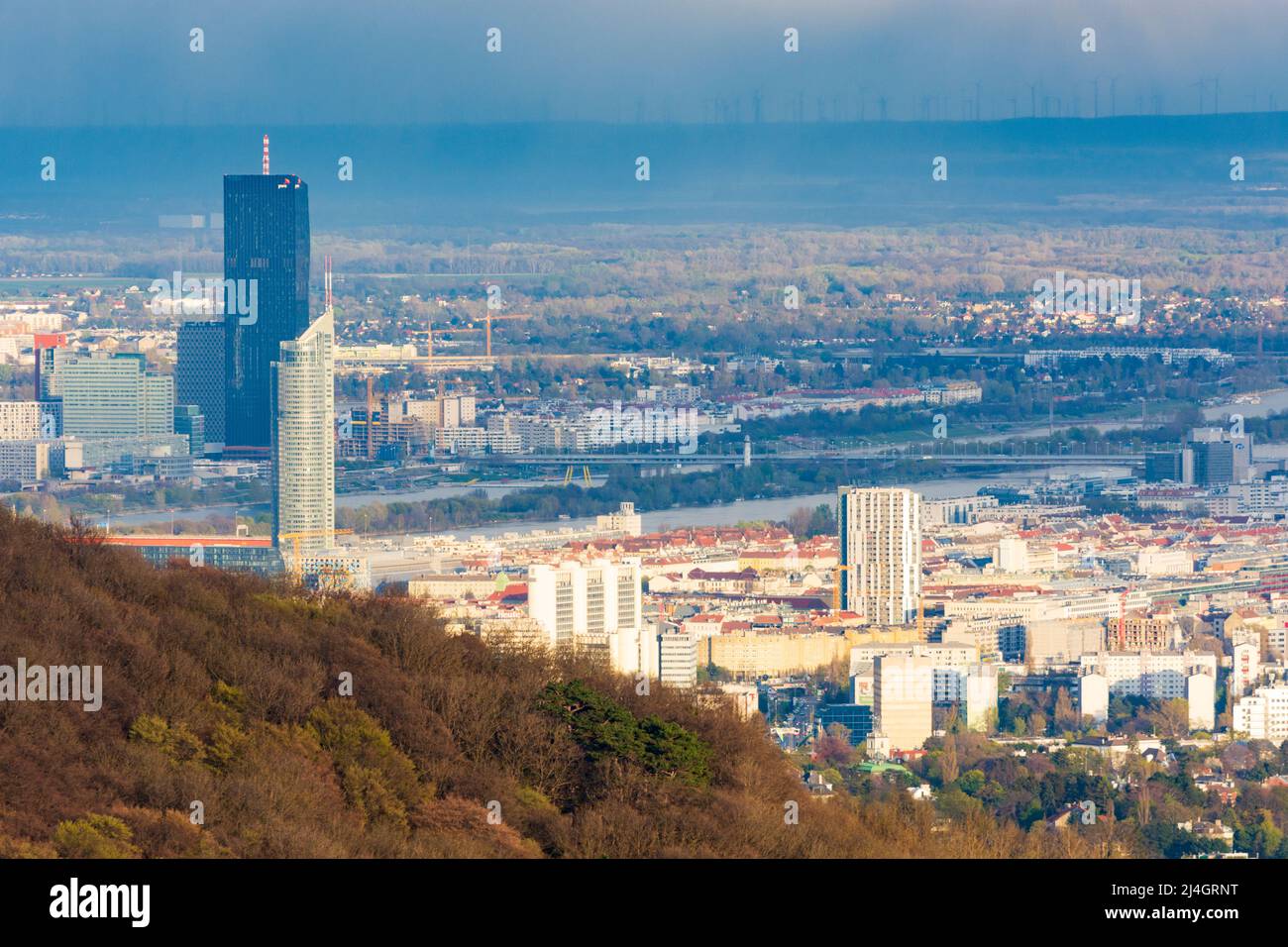 Wien, Vienna: DC Tower 1, Millennium Tower, river Donau, bridge ...