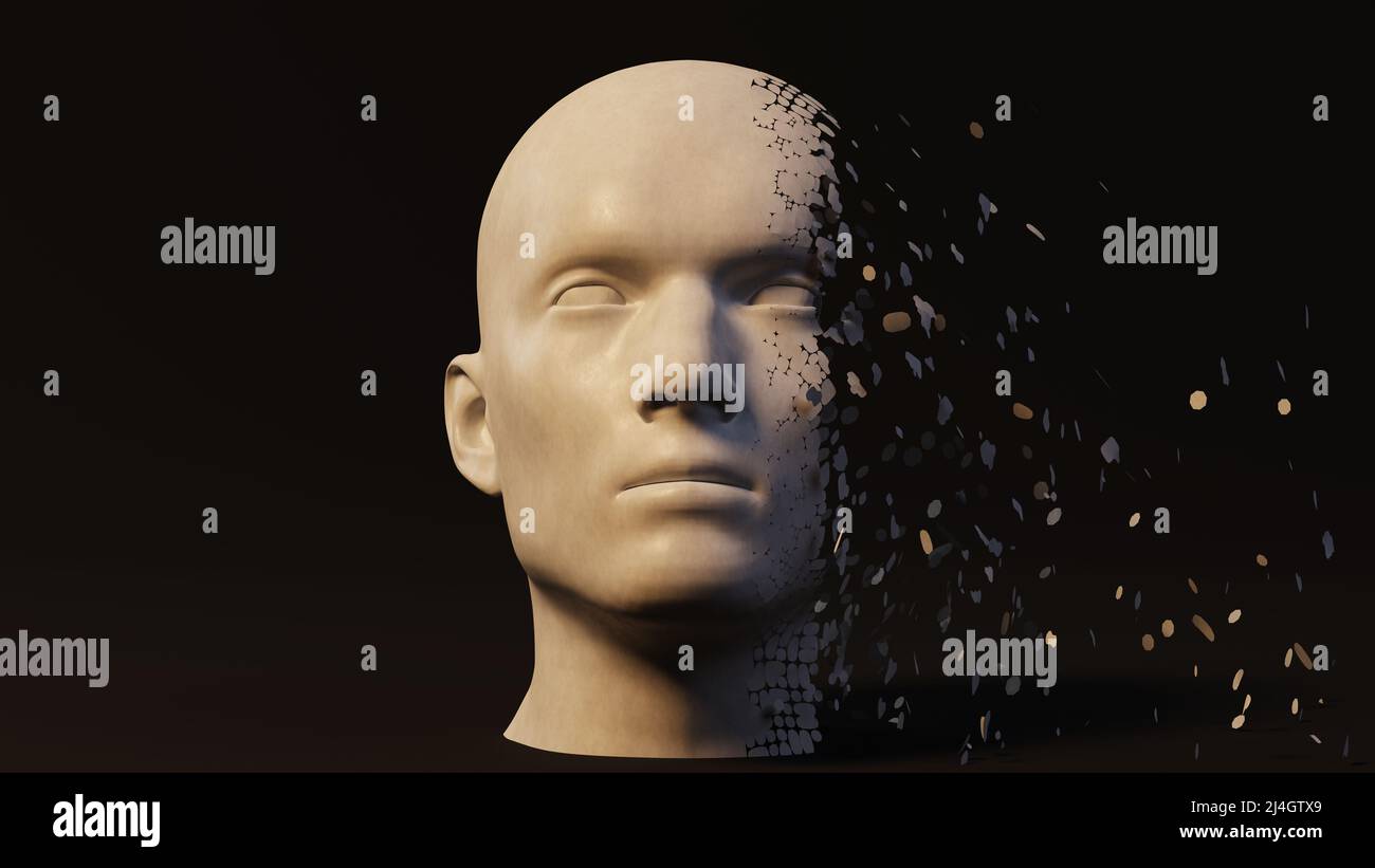 Male mannequin head abstract 3D render. Dark background, fading effect ...