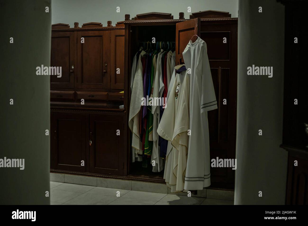 Robes and clothes from priests are seen during preparations for the ...