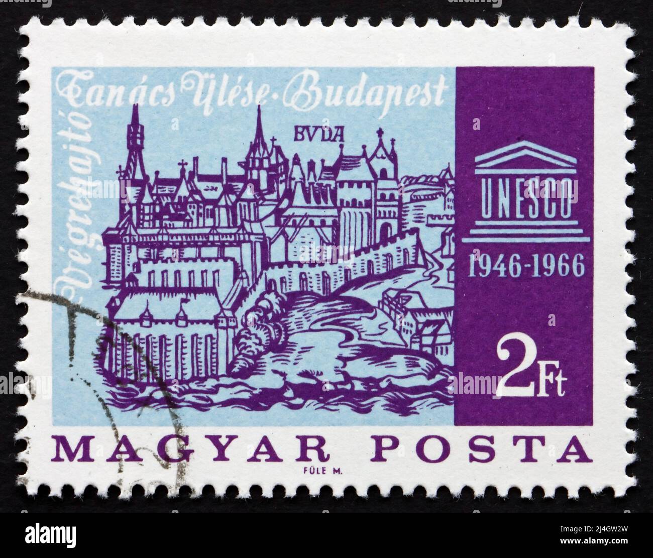 HUNGARY - CIRCA 1966: a stamp printed in the Hungary shows Old View of Buda and UNESCO Emblem ...