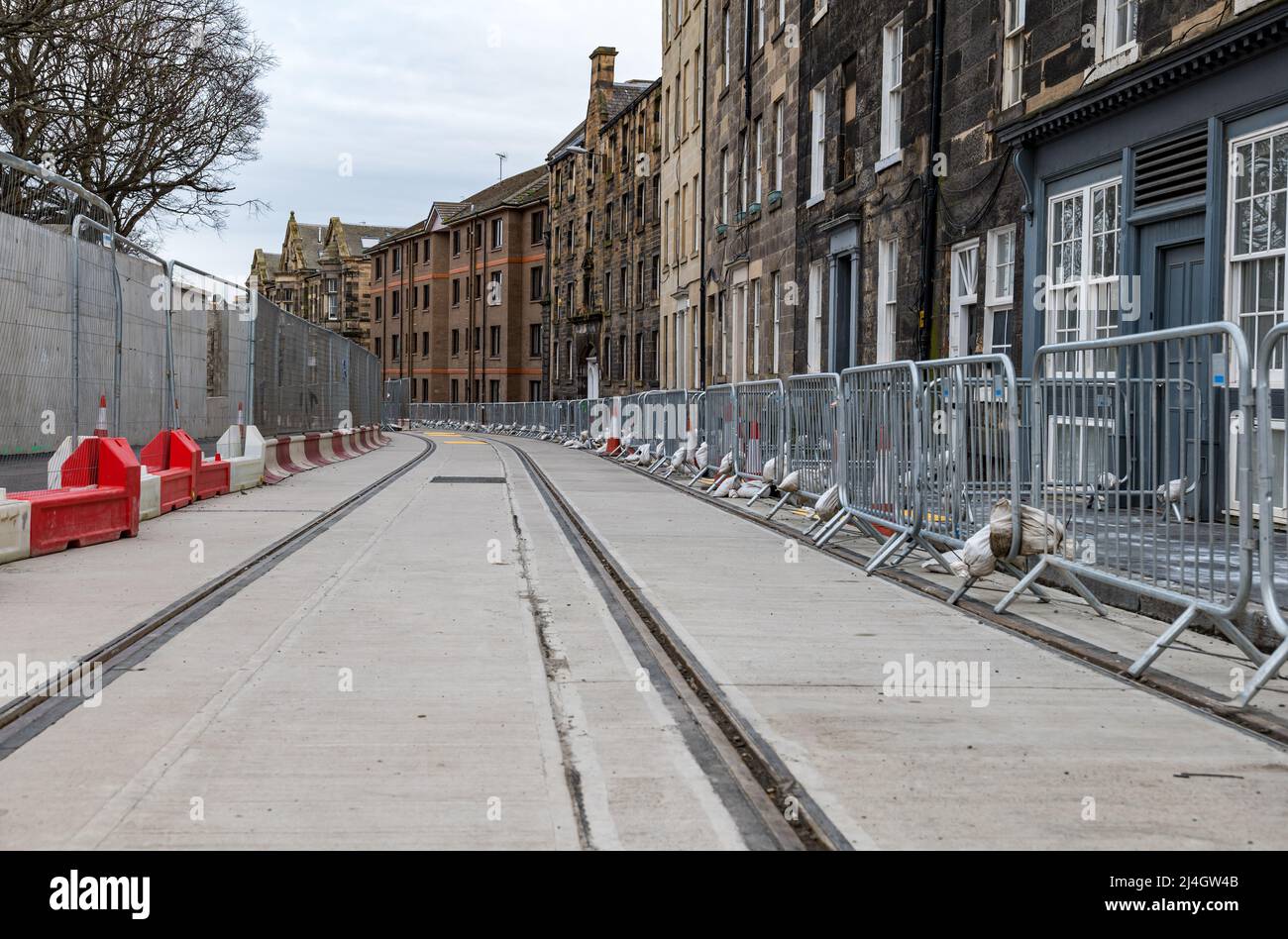 Trams to Newhaven tram line construction work, Constitution Street, Leith, Edinburgh, Scotland ...