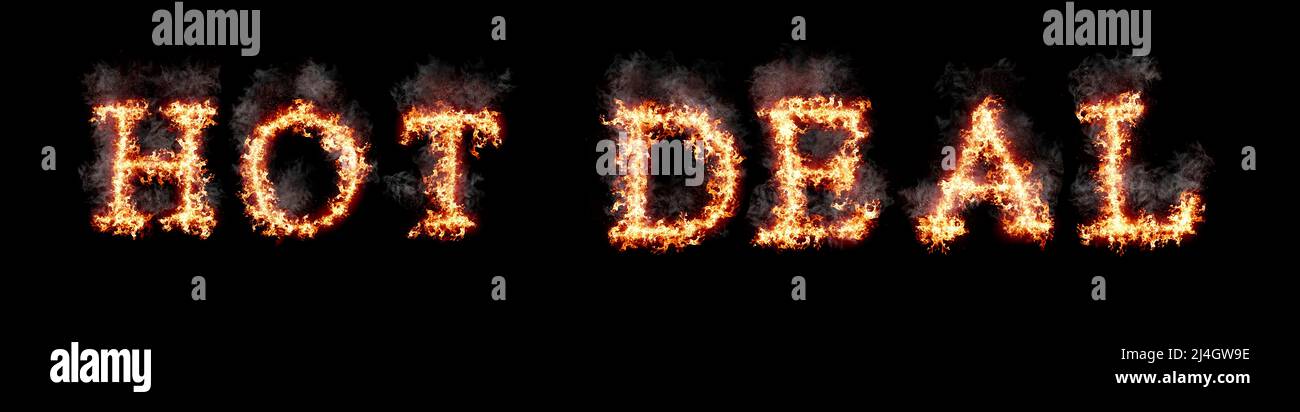 Text hot deal burning with fire and smoke, digital art isolated on ...