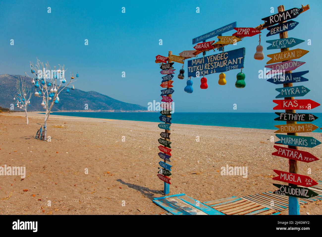 Colorful wood arch with arrows and country names Stock Photo - Alamy