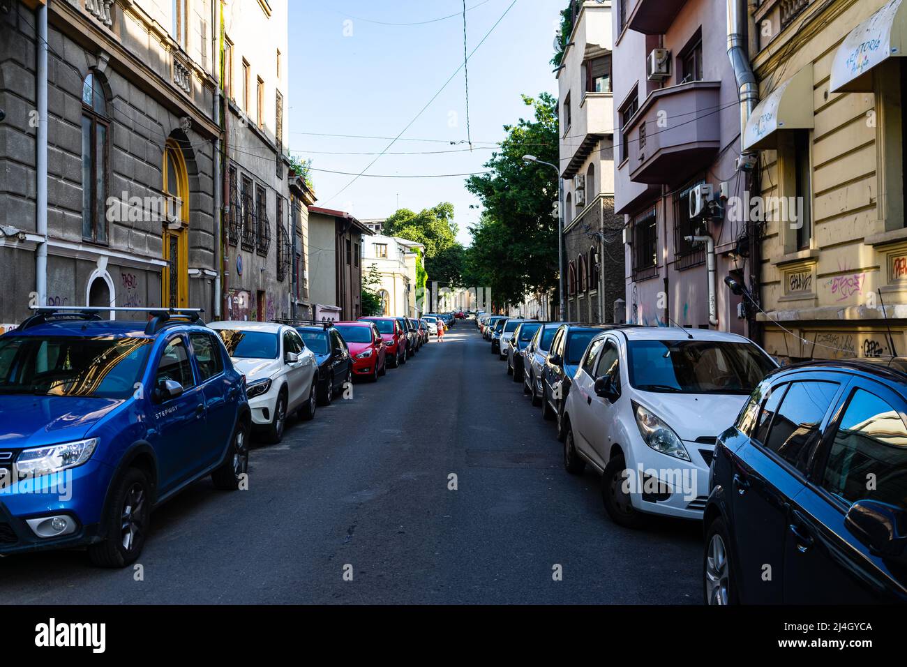 Car traffic at rush hour. Car pollution, traffic jam in Bucharest ...