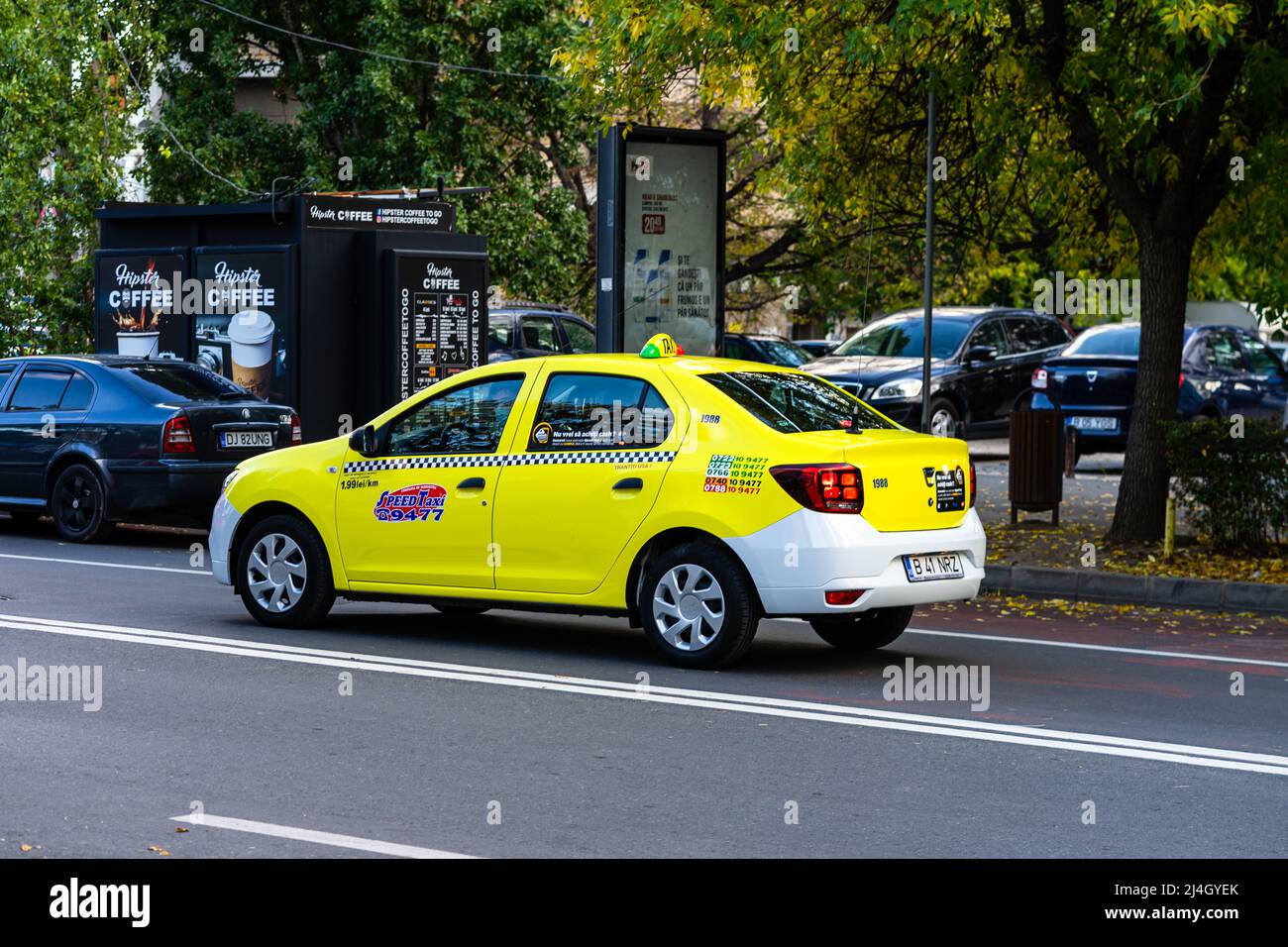 Car traffic at rush hour. Car pollution, traffic jam in Bucharest ...