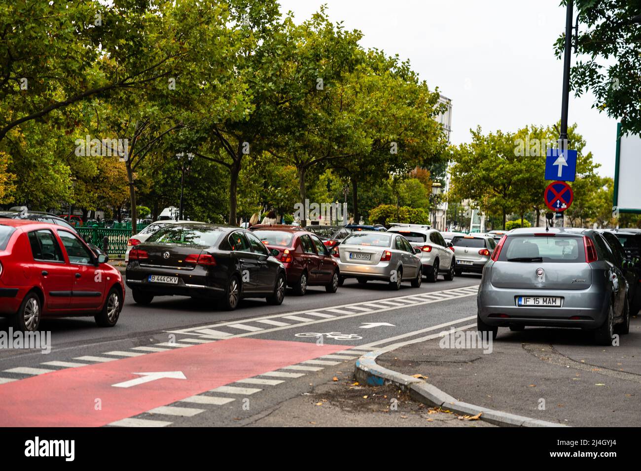 Car traffic at rush hour. Car pollution, traffic jam in Bucharest ...