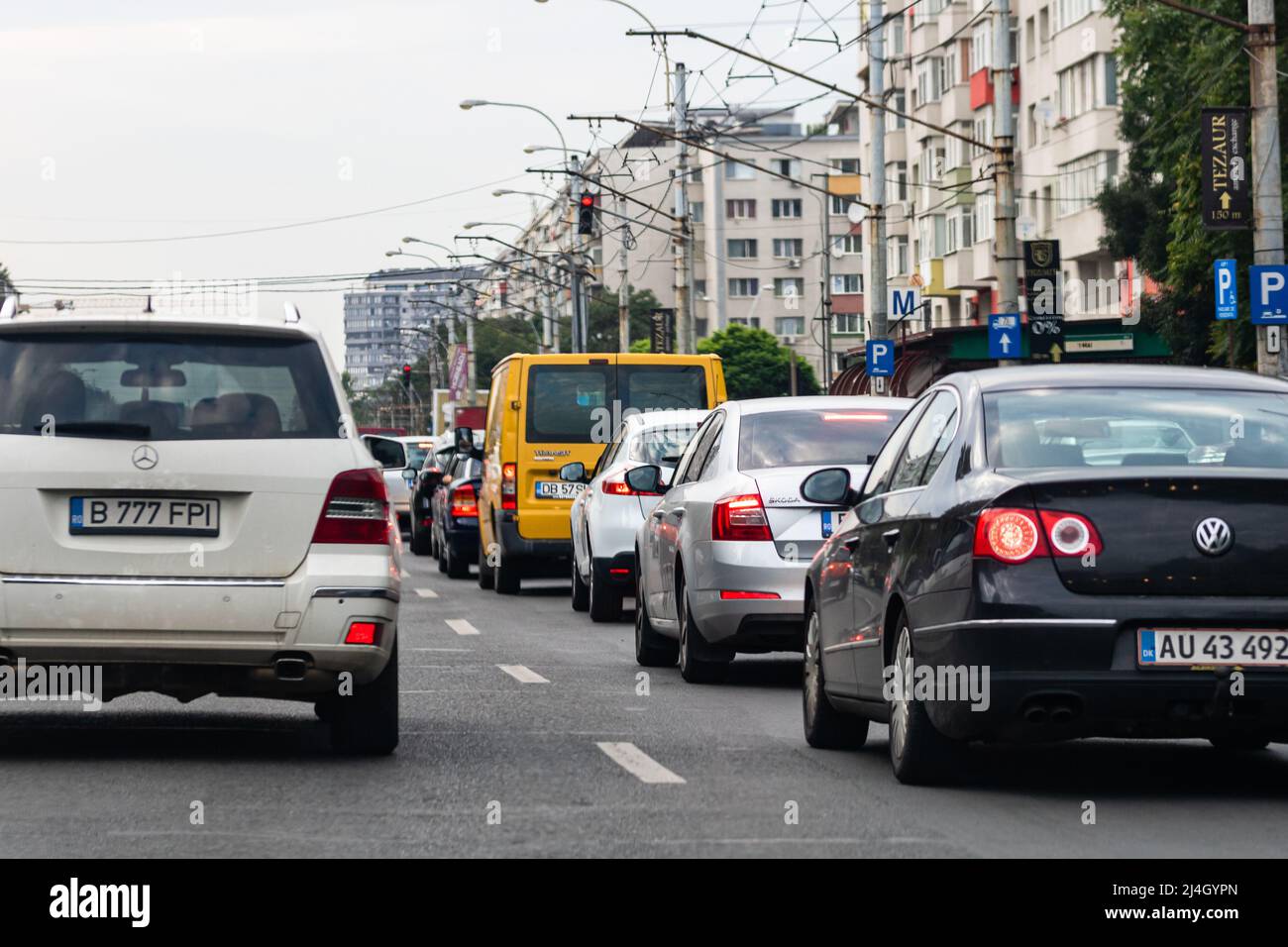 Car traffic at rush hour. Car pollution, traffic jam in Bucharest ...