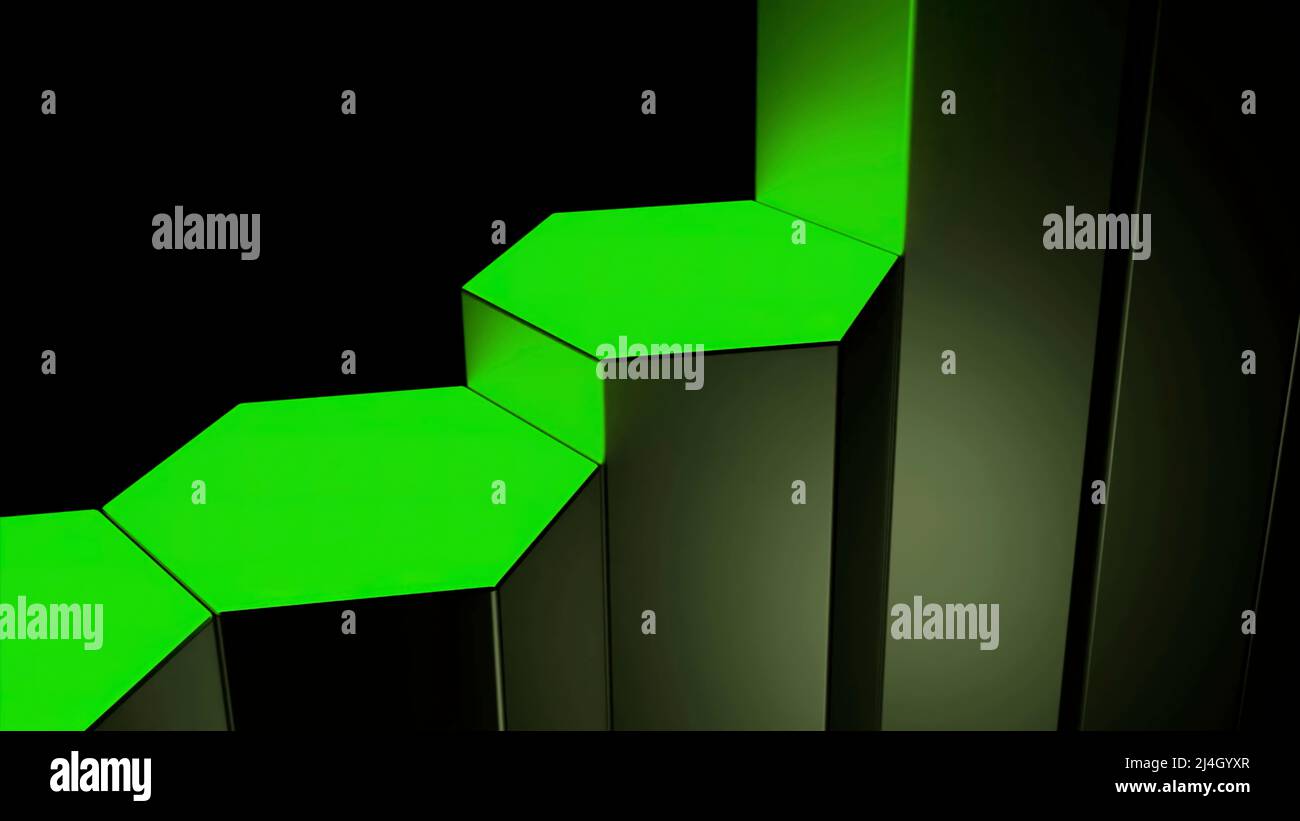 3D vertical green bars of hexagonal shape rising up one by one on a ...