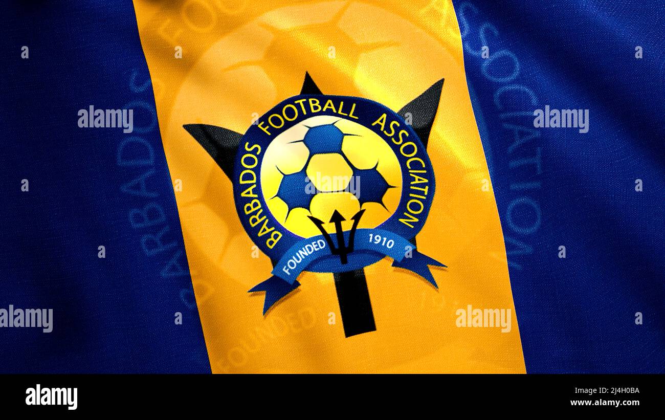Flag in honor of the Barbados Football Association. Motion. Bright blue ...