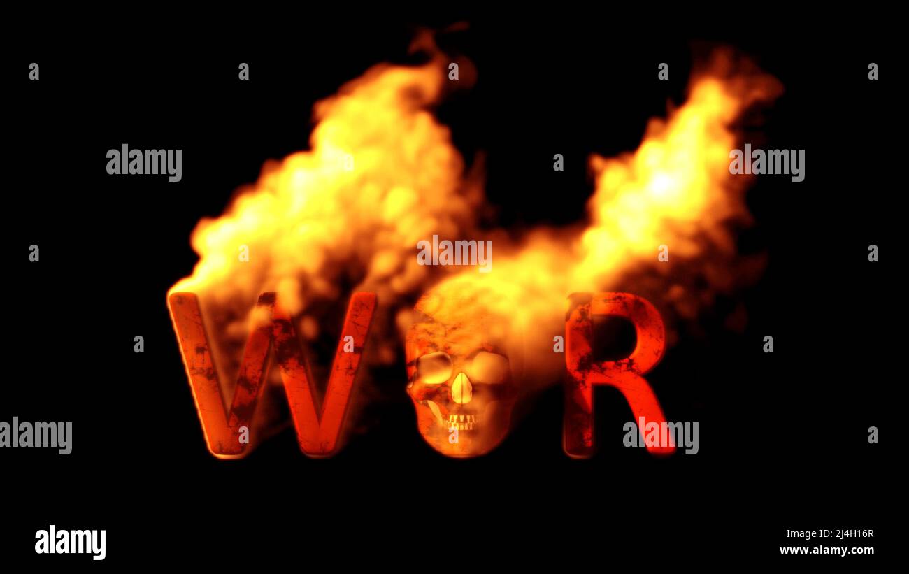 Text war with man skull burning on black backdrop, isolated - abstract ...