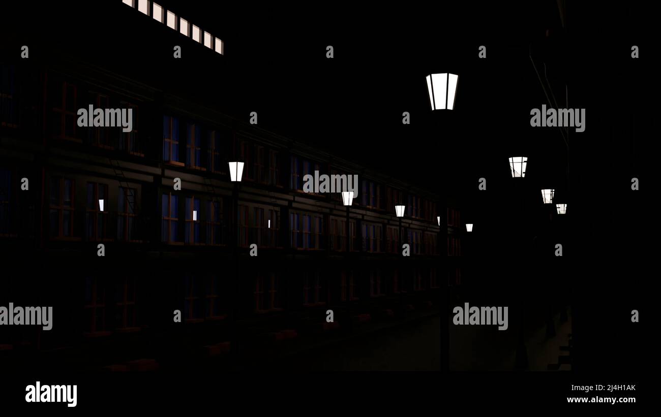 Dark area.Design.Dark houses with lanterns made in abstraction on which ...