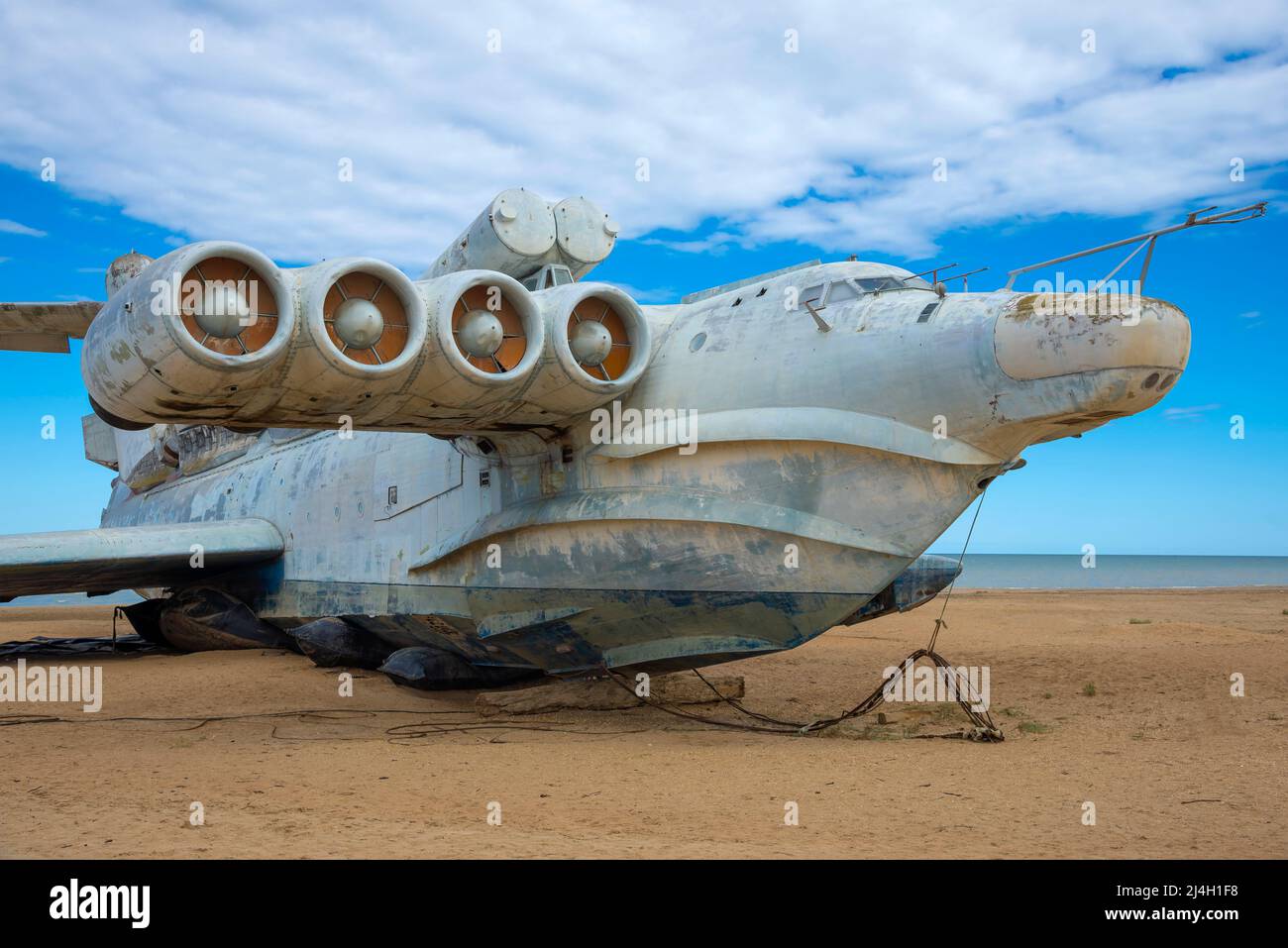 DERBENT, RUSSIA - SEPTEMBER 27, 2021: Abandoned rocket ship-ekranoplan ...