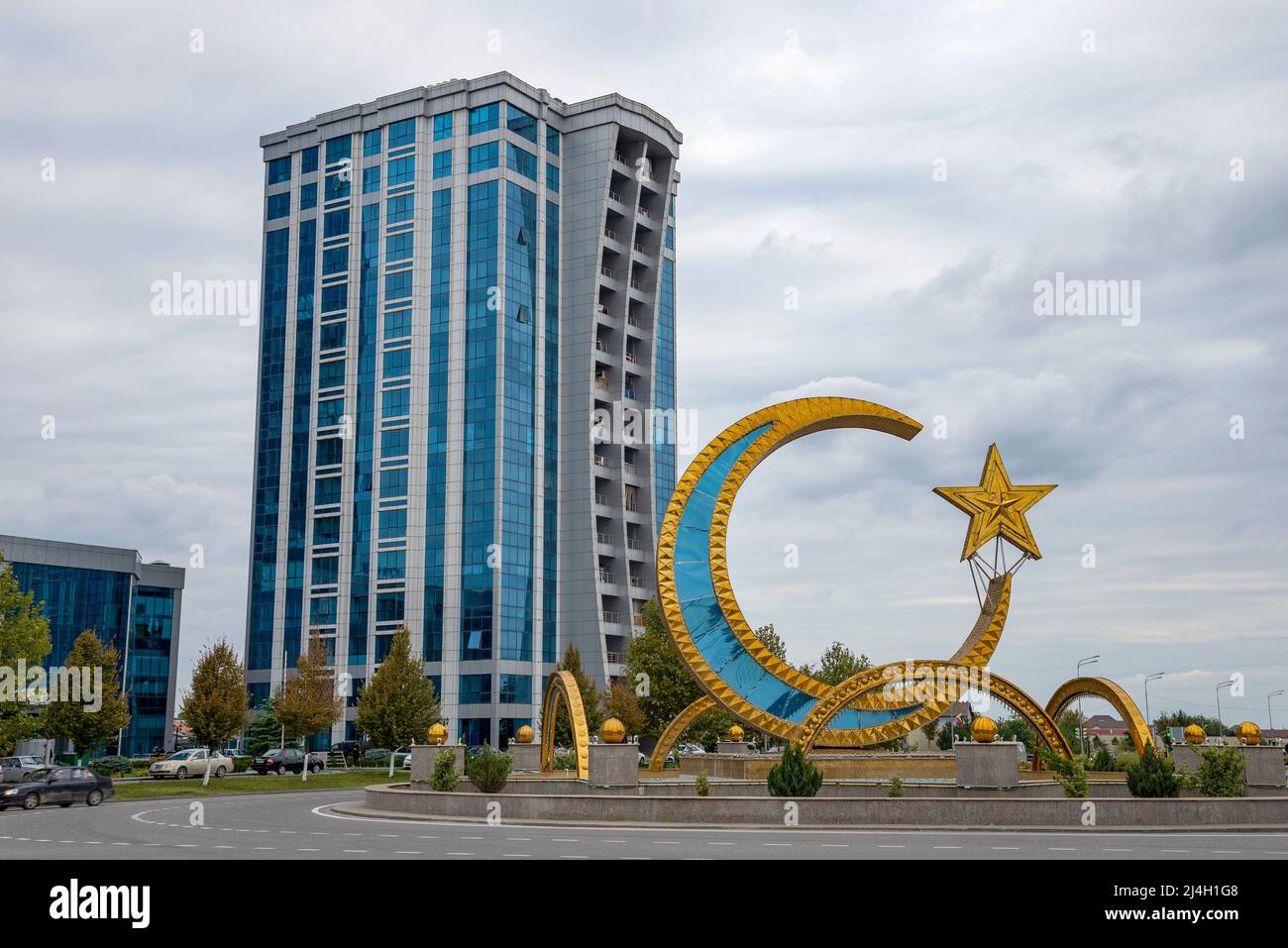 ARGUN, RUSSIA - SEPTEMBER 28, 2021: A crescent moon with a star on the ...