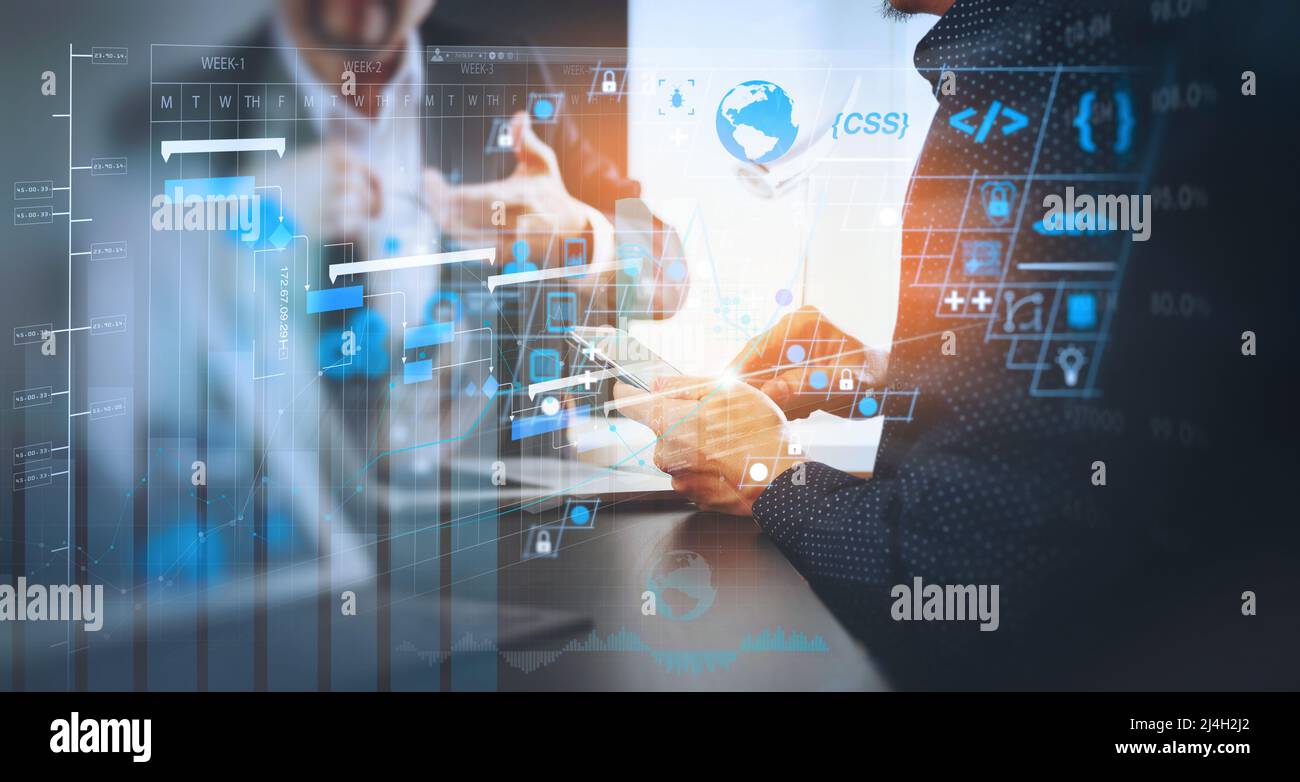 Co working team meeting concept.Coding software developer work with AR ...