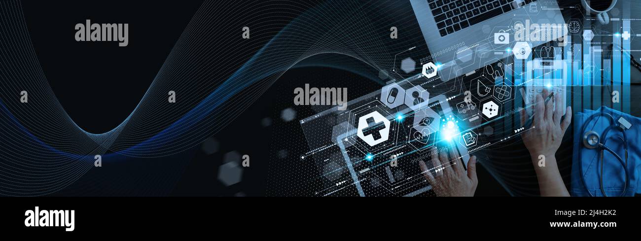 Top view Medicine doctor using digital tablet computer diagnose virtual ...