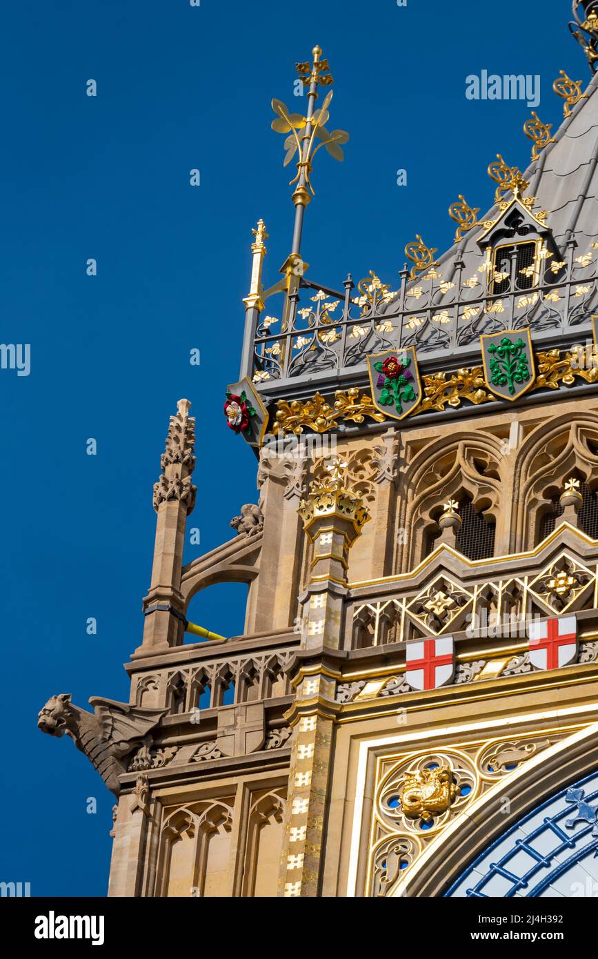 Upper detail of recently uncovered restored Elizabeth Tower, Big Ben ...