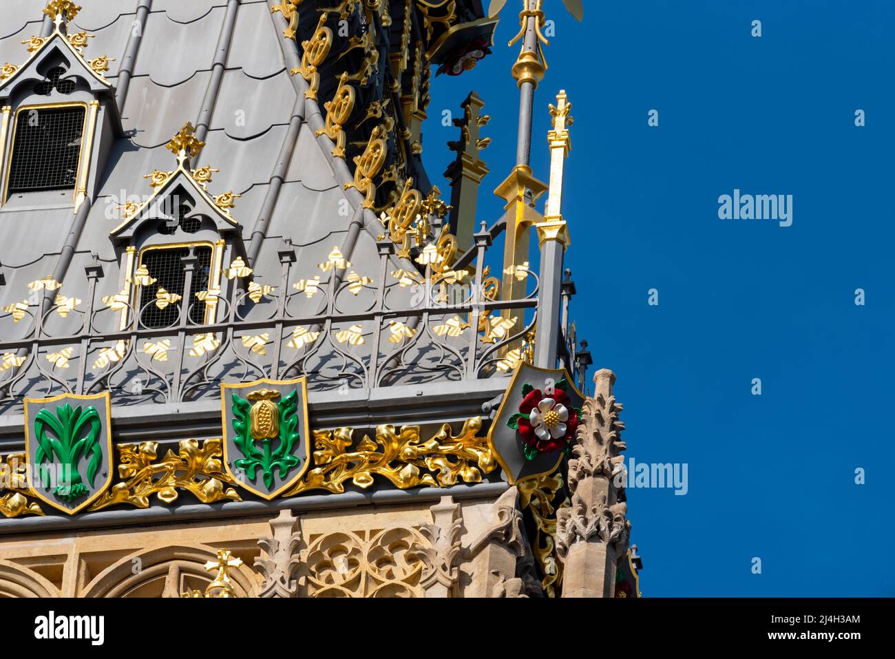 Upper detail of recently uncovered restored Elizabeth Tower, Big Ben ...