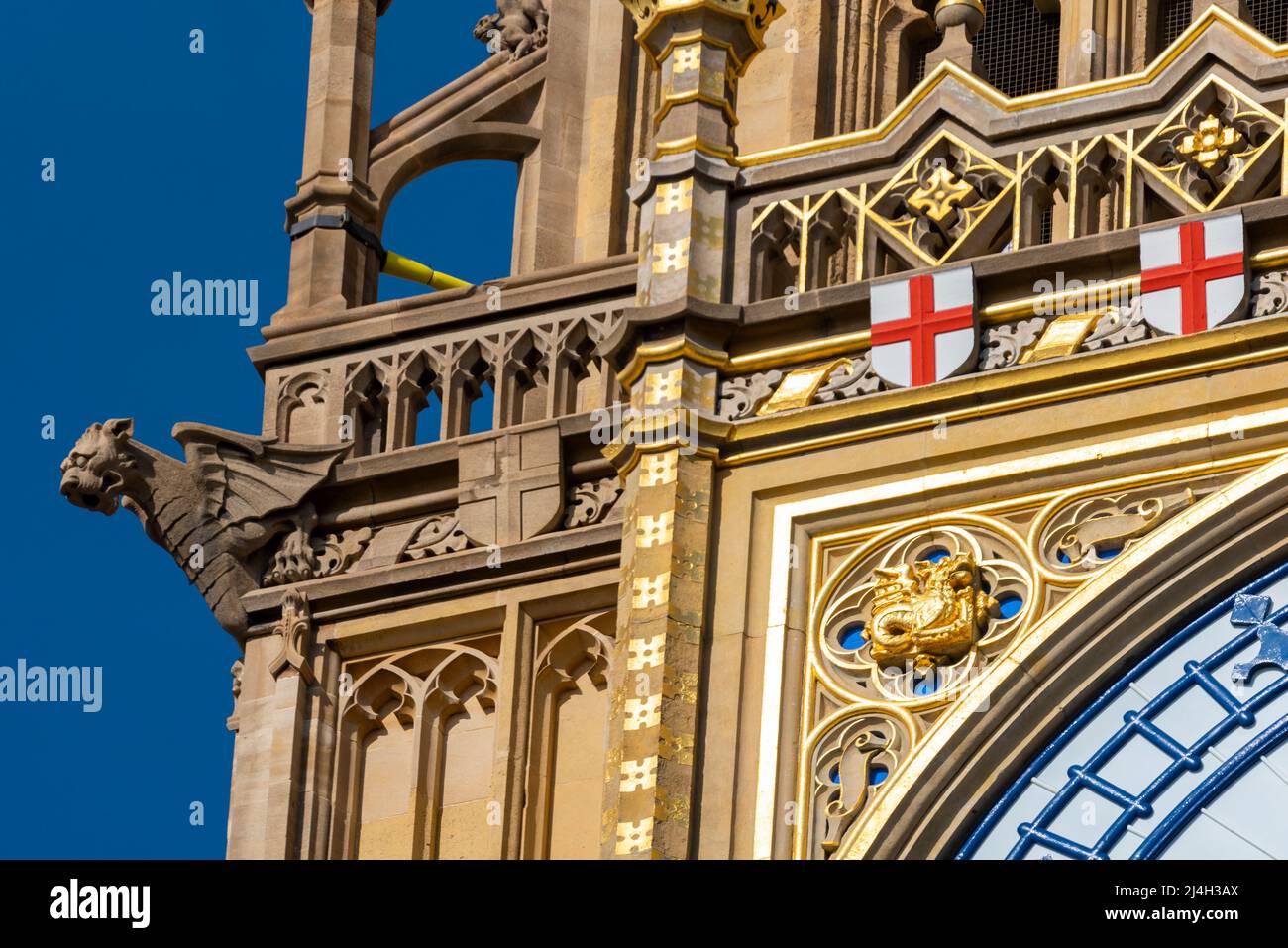 Upper detail of recently uncovered restored Elizabeth Tower, Big Ben ...