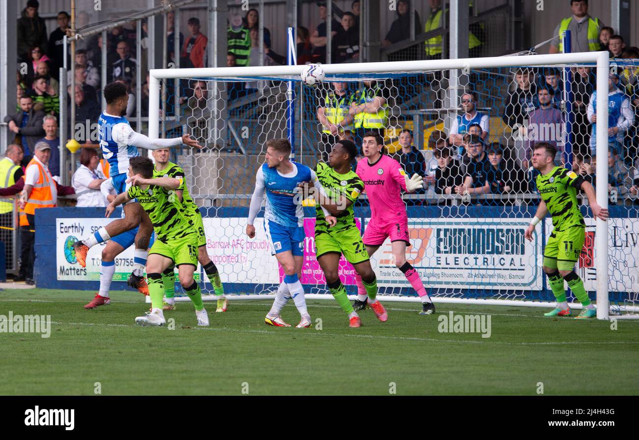 BARROW IN FURNESS, UK. APR 15th Barrow's Aaron Amadi-Holloway heads ...